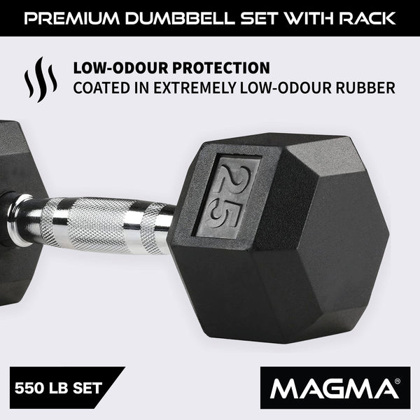 MAGMA 5-50 LB Hex Dumbbell Set with 3 Tier Rack | MAGMA Fitness
